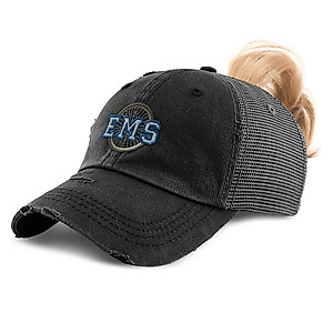 Speedy Pros Womens Ponytail Cap EMS Paramedic Bike Patrol Embroidery Cotton Messy Bun Distressed Trucker Hats Strap Closure Black Design Only