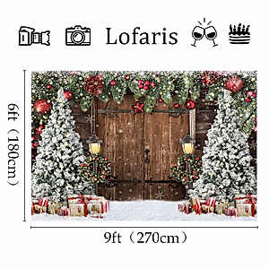 Lofaris Winter Christmas Backdrop Xmas Photography Backdrop Rustic Barn Wood Door Backdrop Xmas Tree Snow Gift Bell Kids Adult Family Supplies Banner Party Baby Shower Decoration Background 9x6ft