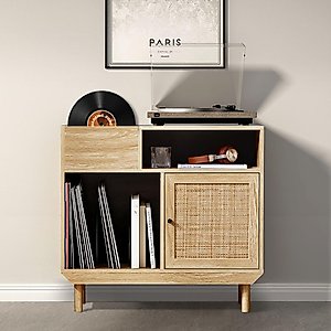 Vintage Record Player Stand, Vinyl Record Storage Table ,Turntable Stand Record Player Cabinet with Storage, Vinyl Record Player Stand with Rattan Door, Printer Stand with Open Storage Shelves-Natural