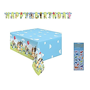 Bluey Birthday Party Supplies Bundle includes Table Cover and Happy Birthday Banner and 1 Dinosaur Sticker Sheet (2 Pack Bundle)
