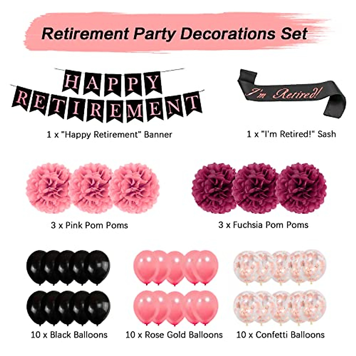 Retirement Party Decorations for Women, Rose Gold Happy Retirement Banner Retired Sash Paper Pom Poms Confetti Balloons Set Retirement Decorations Party Supplies