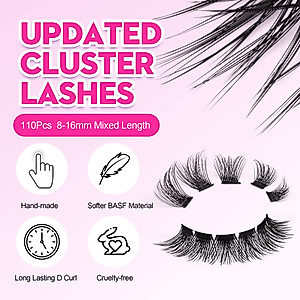 Lash Clusters DIY Eyelash Extension 110 Cluster Lashes D Curl Individual Lashes Extension Wispy Eyelash Clusters Extension Mixed Length Soft Band Reusable Lash Extension DIY at Home (VM05, D-8-16MIX)