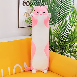 Rexinc Long Pink Cat Plush Pillow Toy Sleeping Pillow Cute Cartoon Cat Stuffed Animals Soft Long Body Pillow Gift for Kids (27.55in)