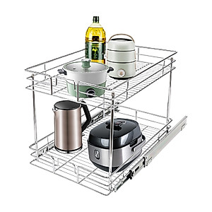 BILPIKOGoo 2-Tier Pull Out Cabinet Organizer(13.5" W X 21.5" D), Slide Out Basket Kitchen Cabinet Organizer, Cabinet Pull Out Shelves, Kitchen Cabinet Storage Sliding Shelves