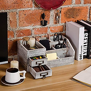 Distressed Rustic Wooden Office Desktop Organizer Wood Shelf Tabletop Home Organizer Storage with Multiple Compartments 2 Tier Drawers,perfect Jewelry storage Display Box for Desk, Vanity (gray)