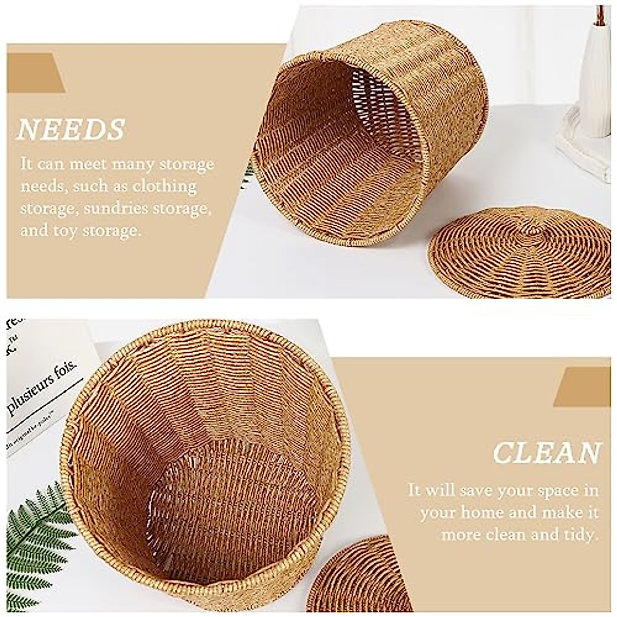 Woven Basket Trash Can Storage: Wastebasket Garbage Bin with Lid Rubbish Paper Storage Container for Home Bathroom Kitchens Laundry Utility Rooms
