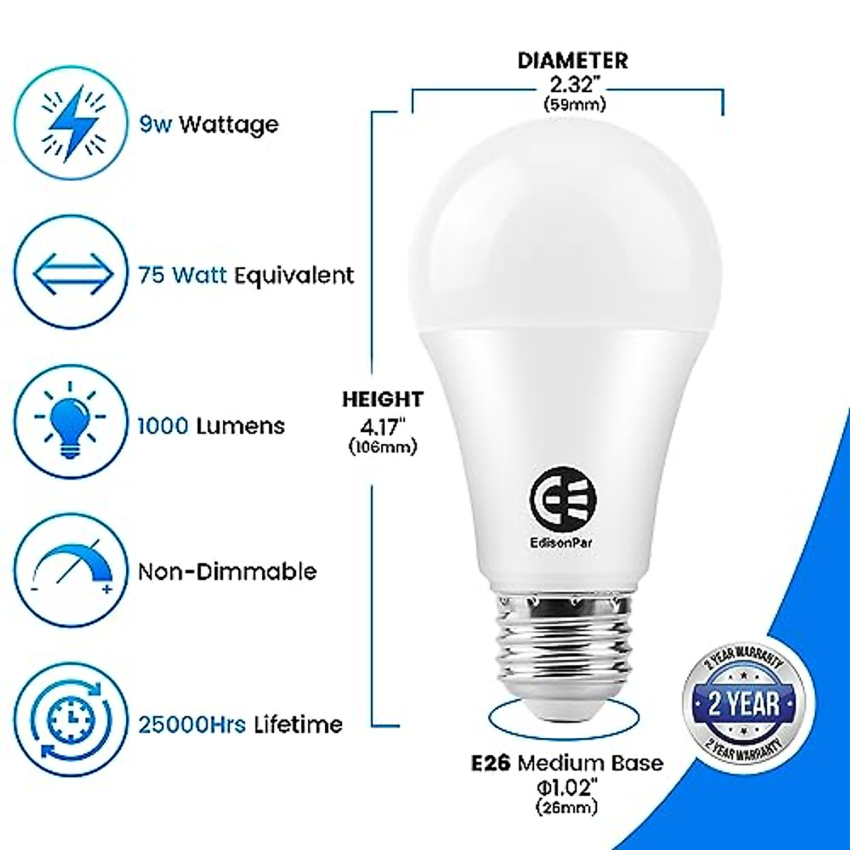 EdisonPar A19 6-Pack LED Light Bulbs, E26 Base 75W Equivalent 1000lumens 4000K Neutral Daylight, Cool White (CWF), Non-Dimmable 9W 15000Hrs Indoor UL