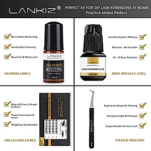 Home PRO DIY Lash Extension Kit for Home Use - LANKIZ Luxury Eyelash Extensions System for Self Application - Pack of Individual Sensitive Eyelash Extension Glue, Lash Tweezer & Shampoo