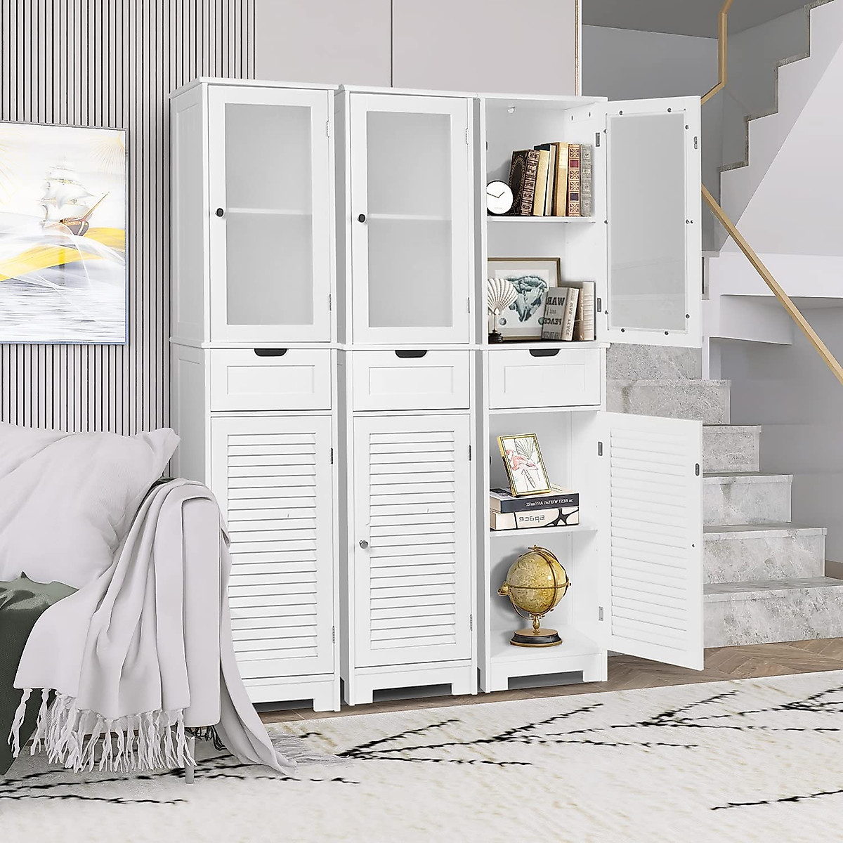 Kazila Bathroom Storage Floor Cabinet, Freestanding Wooden Storage Organizer with Glass Shutter Doors, 16 inchl x 12 inchw x 67 inchh, Ivory White