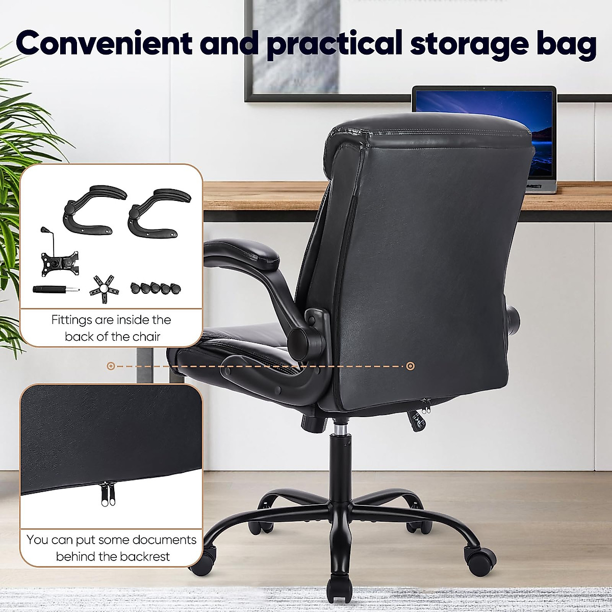 OLIXIS Ergonomic Home Office Desk Chair with Adjustable Flip-up Armrest and PU Leather Low Back Lumbar Support for Adult, Black