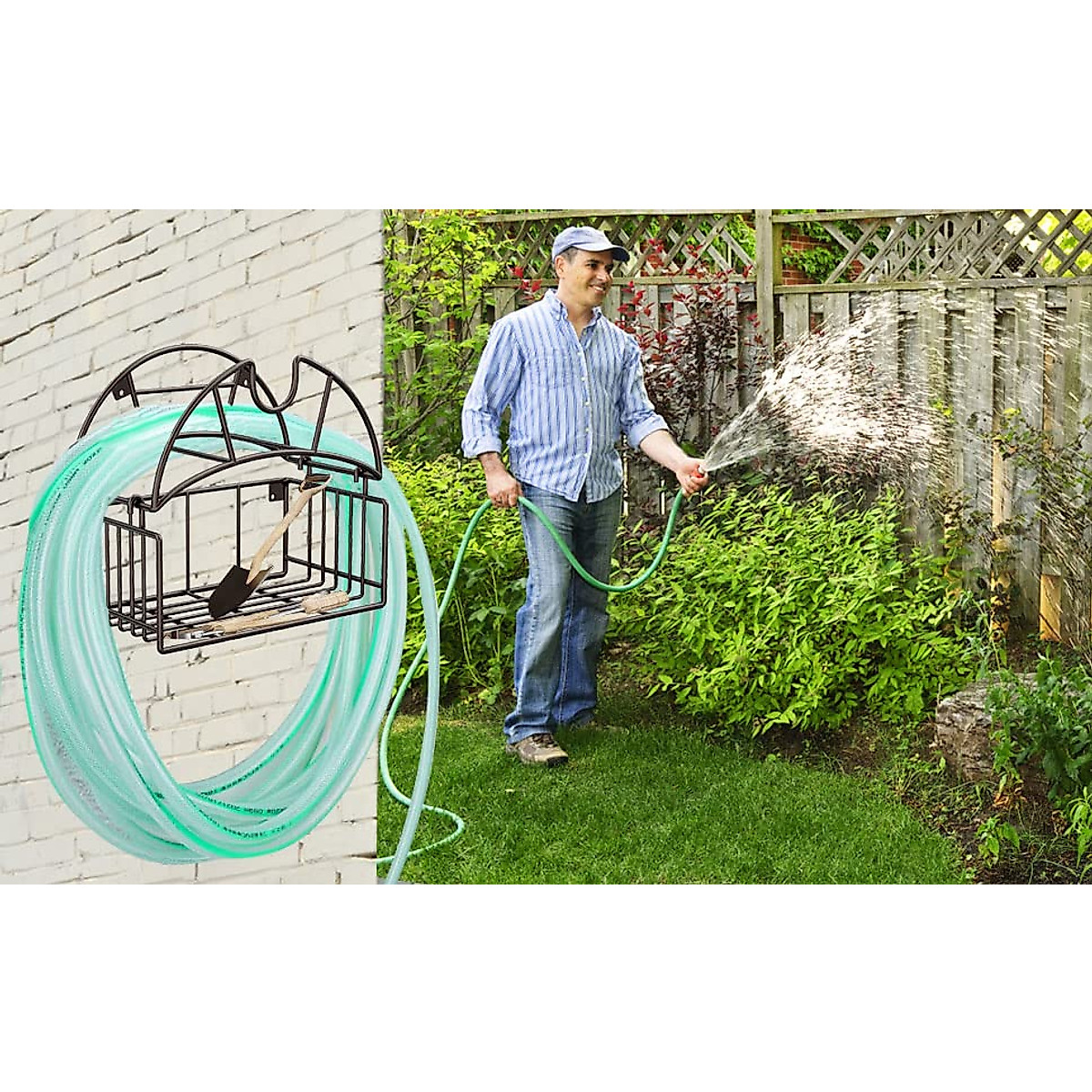 Asuby Hose Reel Garden Hose Holder,Water Hose Holder Wall Mount,Heavy Duty Metal Water Hose Rack with Tool Storage Basket,Outdoor Hose Stands for Outside Garden Yard Garage