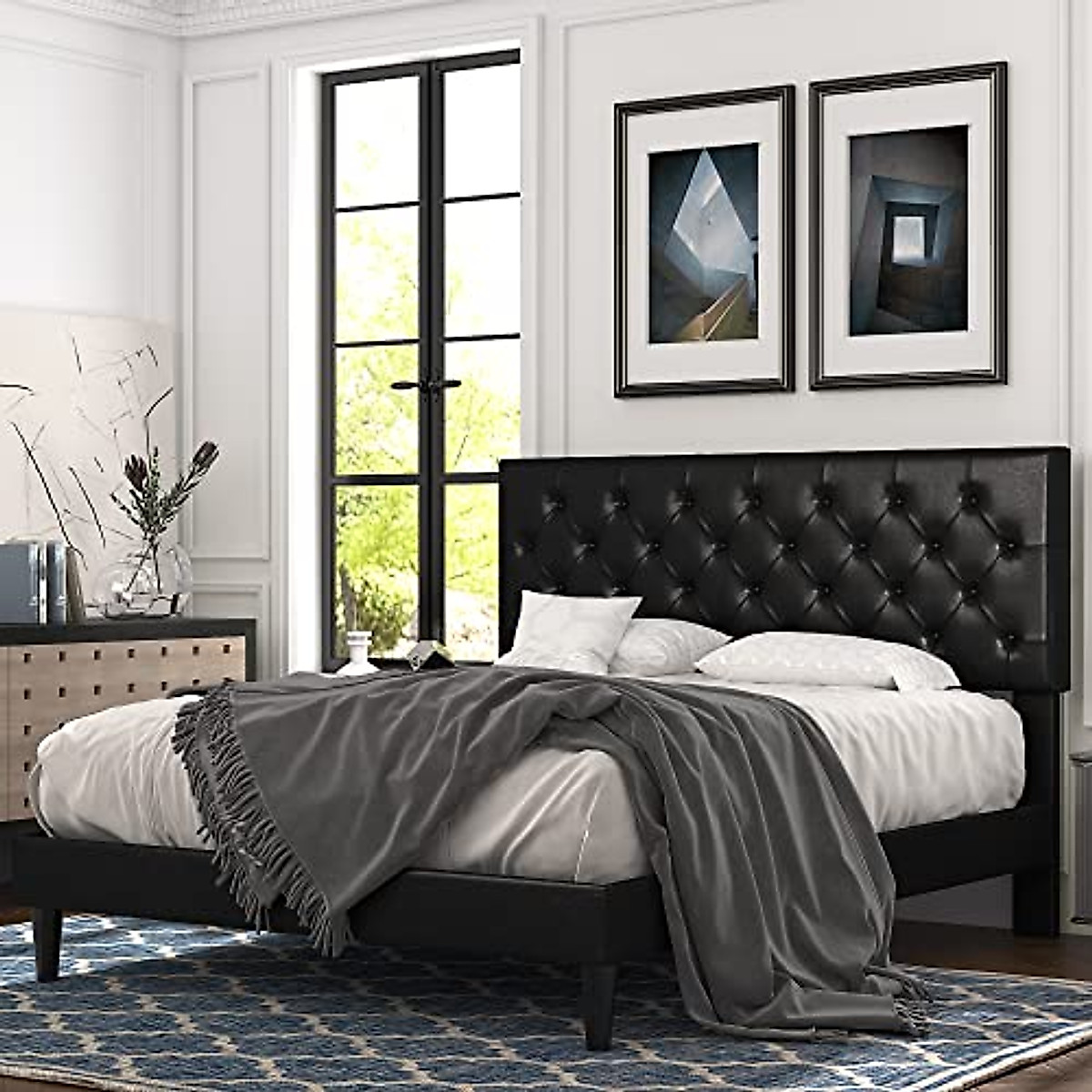 Allewie Queen Bed Frame with Adjustable Diamond Stitched Button Tufted Headboard/Faux Leather Upholstered Platform Bed with Easy-Assembly Wood slats, Black