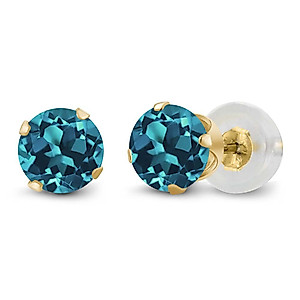 Gem Stone King 14K Yellow Gold London Blue Topaz Stud Earrings For Women (1.10 Cttw, Gemstone Birthstone, 5MM Round)