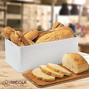 White Bread Box For Kitchen Countertop - Bread Box With Bamboo Wood Cutting Board Lid - Farmhouse White Bread Boxes - Metal Large Bread Box Modern Style To Extend Freshness - Bread Storage Container
