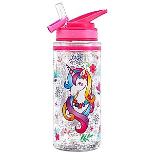 Home Tune Cute Water Bottle for School Kids Girls Boys, BPA FREE Tritan, Double Wall, Leak Proof Flip Straw, Easy Clean, Carry Handle, 15oz/ 450ml - Unicorn