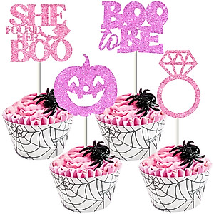 JOYMEMO 36 Pcs Halloween Bachelorette Cupcake Toppers Pink Purple - She Found Her Boo Bridal Shower Decorations, Boo to Be Cake Decorations for Engagement Party
