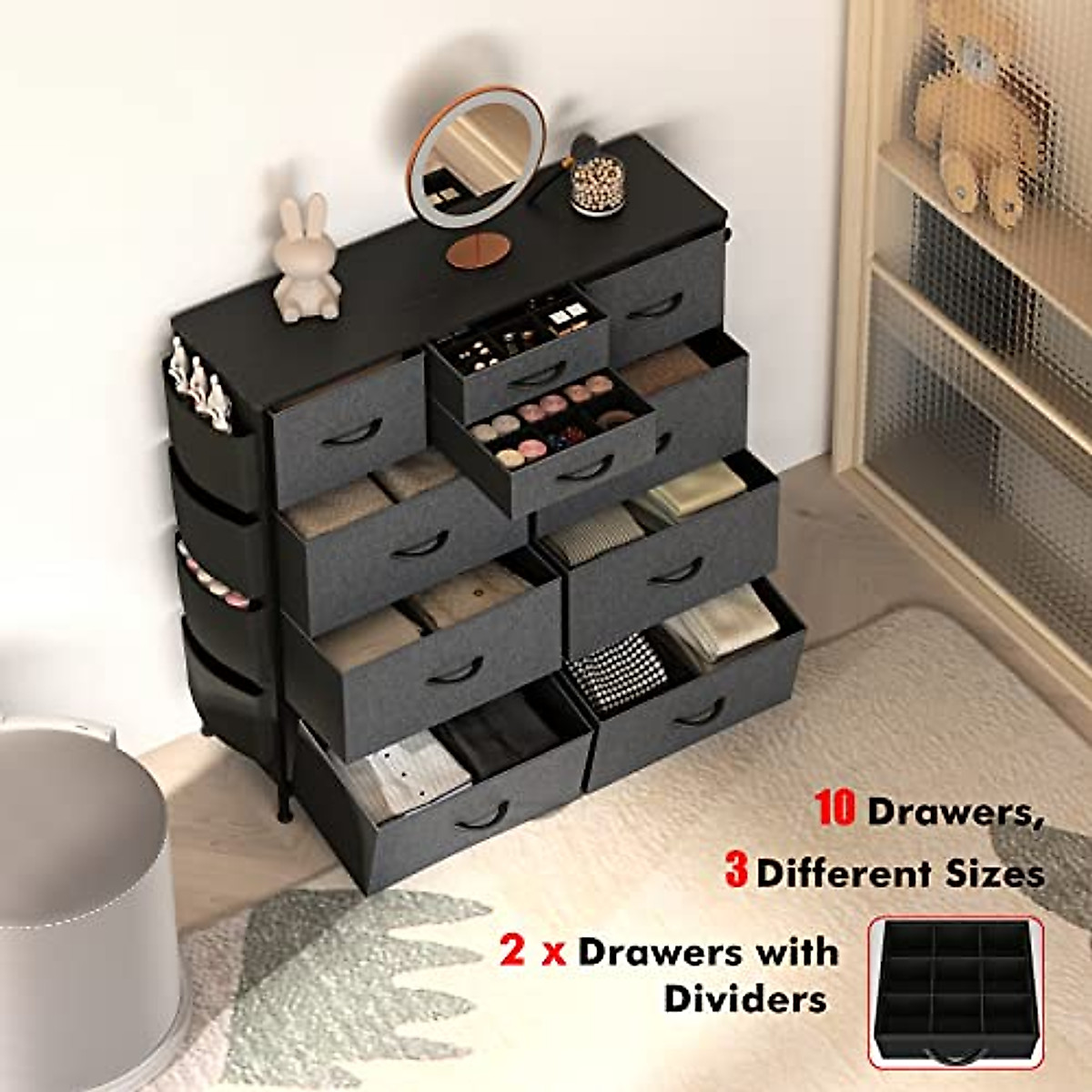 Lulive 10 Drawer Dresser, Chest of Drawers for Bedroom with Side Pockets and Hooks, Fabric Storage Dresser, Sturdy Steel Frame, Wood Top, Organizer Unit for Nursery, Hallway, Closet (Dark Grey)
