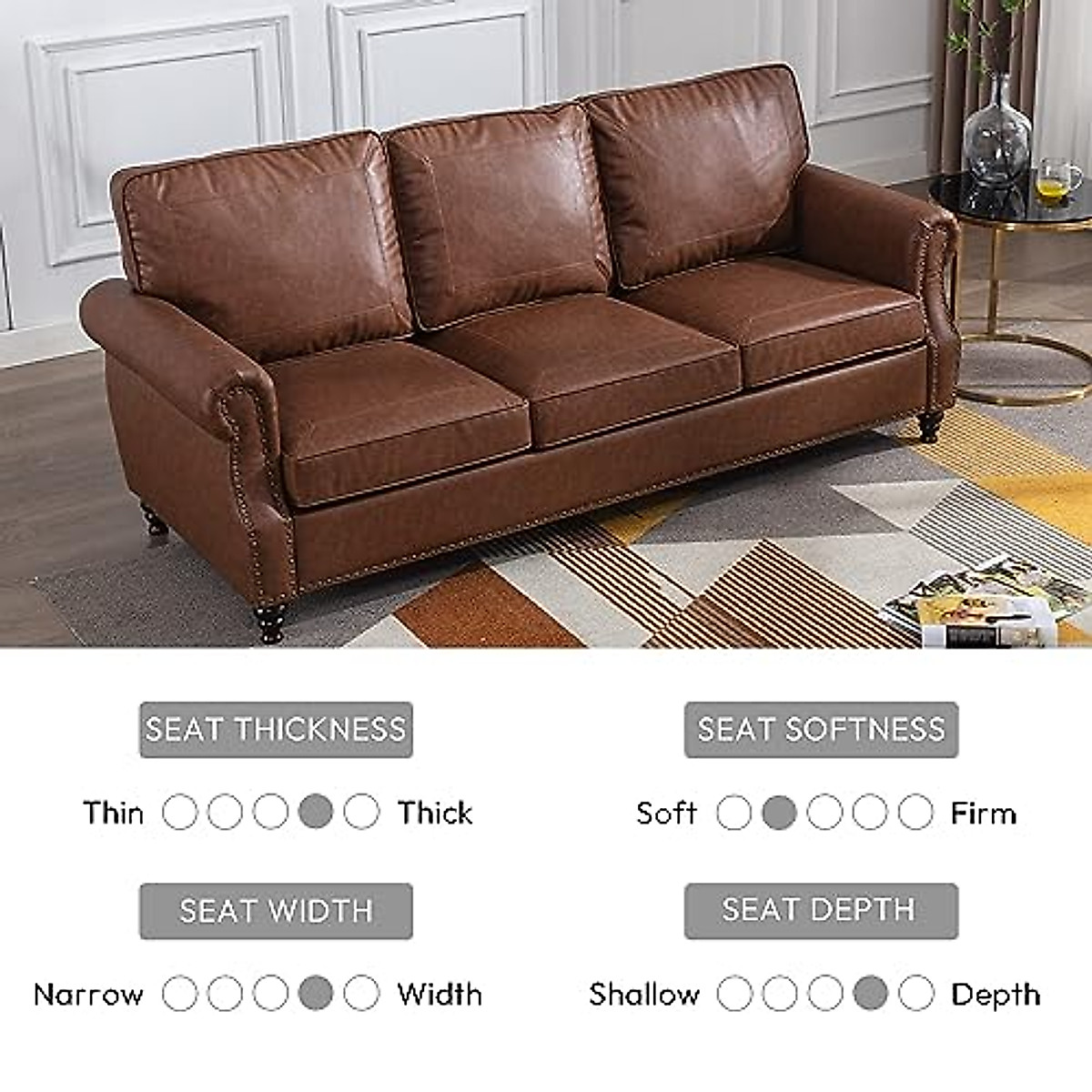 Dreamsir 79'' Traditional Faux Leather Sofa Couch with Nailhead Trim, Classic 3-Seater Couch with Rolled Arm for Living Room, Bedroom, Apartment, Easy Assembly (Coffee)