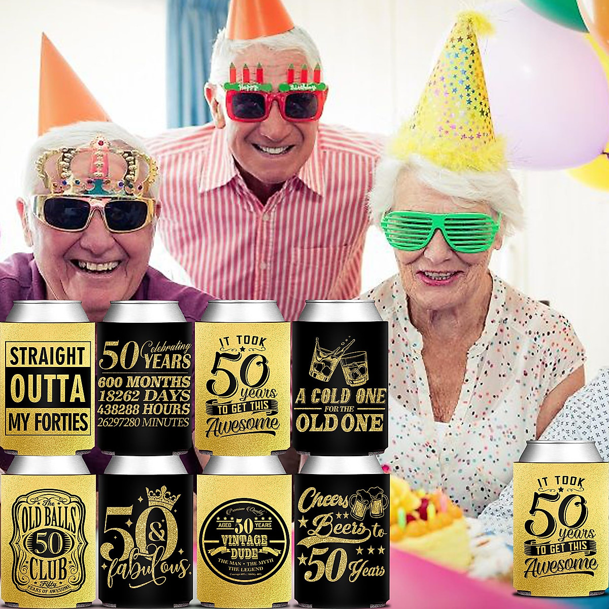 KARAQY 12 Pcs 50th Birthday Party Can Coolers - Black and Gold Cheers to 50 Years Can Sleeves, Happy 50th Birthday Decorations for Men Women 50th Birthday Party Supplies