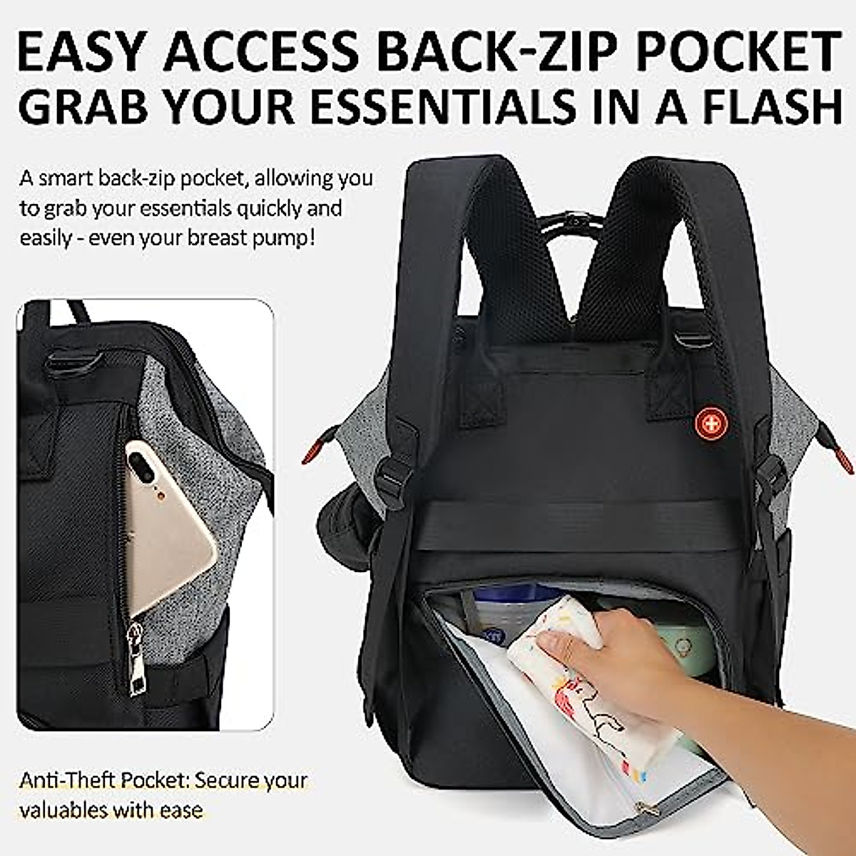 ROSEGIN Diaper Bag Backpack with Changing Pad, Pacifier Case - Black Gray Baby Bags for Girl Boy Newborn Unisex Infant Toddler - Baby Travel Bag for Mom Dad - Baby Shower, 30L Large Capacity