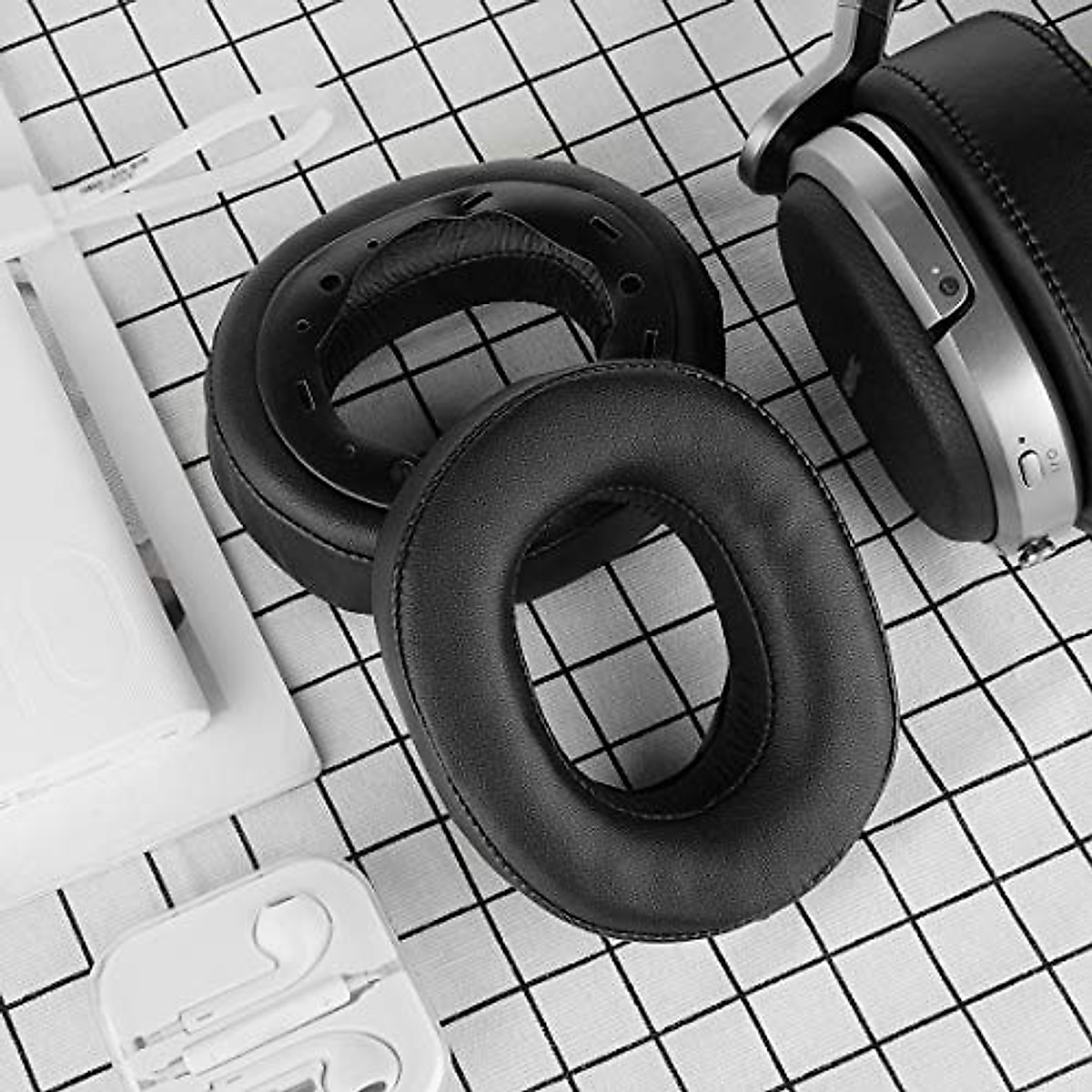 Geekria QuickFit Protein Leather Replacement Ear Pads for Sony MDR-HW700, MDR-HW700DS Wireless Headphones, Replacement Ear Cushion/Ear Cups/Ear Cover, Headset Earpads Repair Parts (Black)