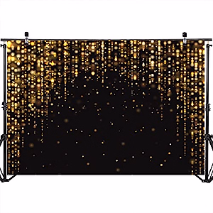 Mocsicka Black and Gold Birthday Backdrop Gold Glitter Bokeh Spot Wedding Decorations Photography Background Adult's Birthday Party Banner Photo Booth Props (7x5ft)
