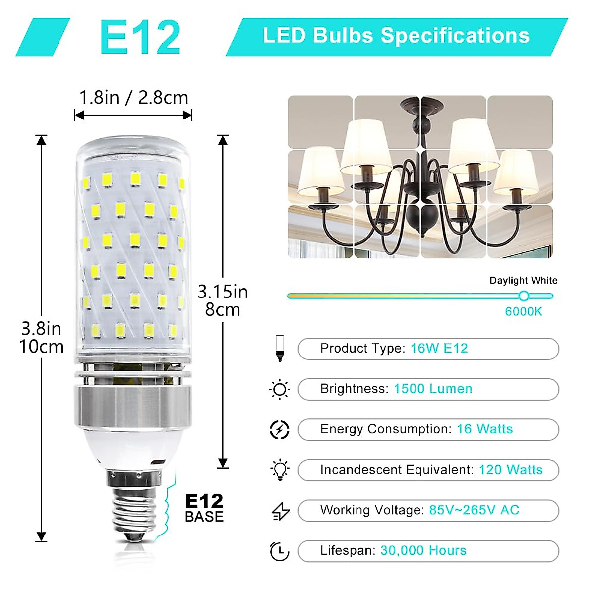 Super Bright E12 LED Corn Bulbs, 16W 1500LM Bulbs, Daylight White 6000K Lights, CRI80+, 120W Incandescent Bulb Equivalent, E12 Base Non-Dimmable LED Lamp, Pack of 8