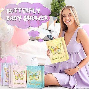 24 Pcs Butterfly Party Favors Gift Bags Goodie Treat Candy Bags Thank You for Fluttering by Paper Bags with Handles for Girls Butterfly Birthday Party Supplies Baby Shower (Glitter Style)
