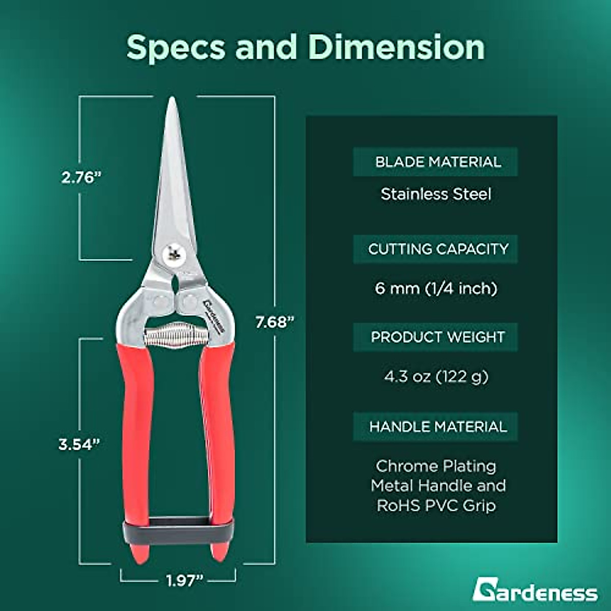 Gardeness Pruning Shear Straight Pruning Snip with Stainless Steel Serrated Blade, Adjustable Joint Screw Micro Tip Garden Scissor for Arranging, Trimming, Harvesting Fruit, Vegetables, Made in Taiwan