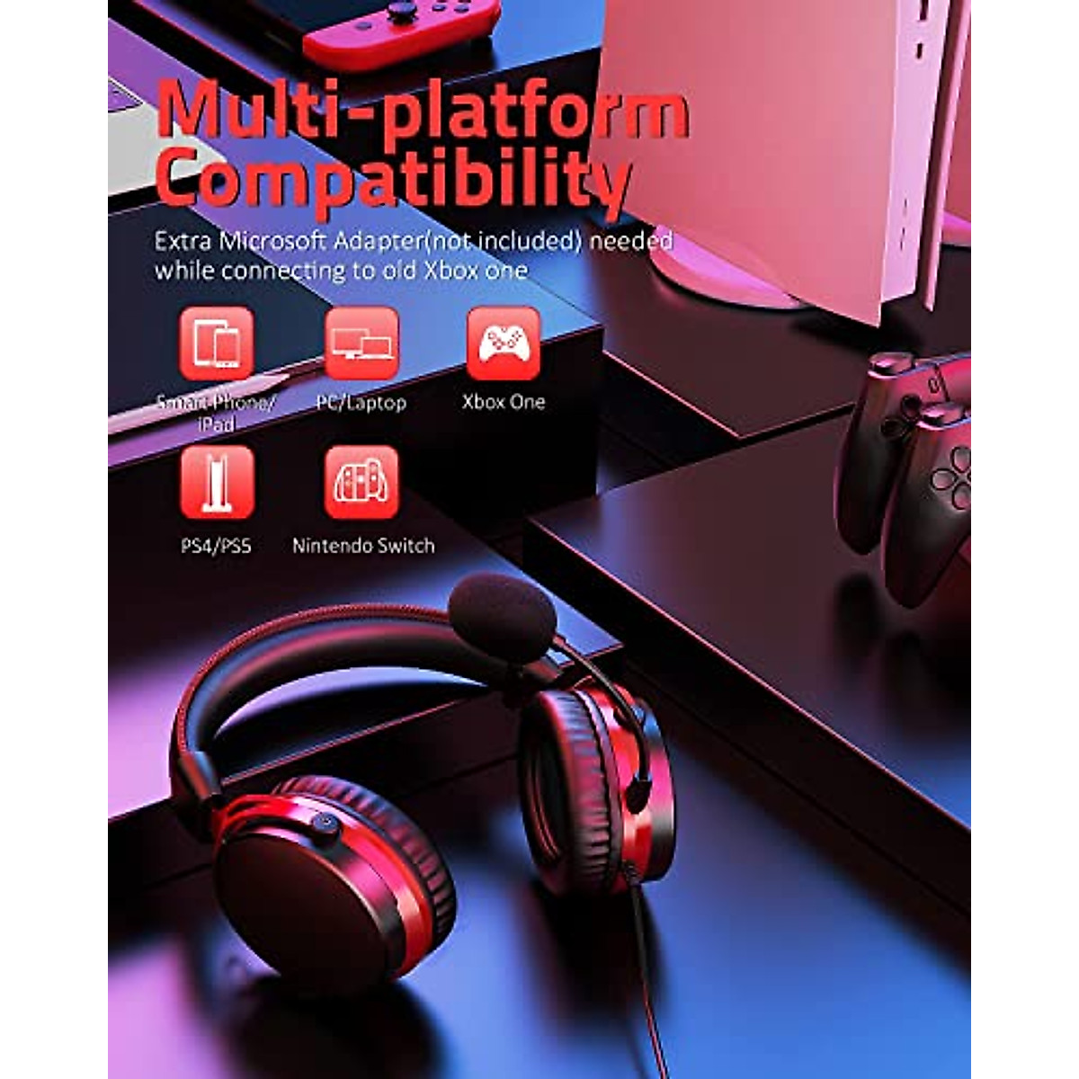 WolfLawS Gaming Headset for PS5 PS4 PC Xbox One Switch, Removable Noise Cancelling Over Ear Headphones with Mic, Bass Surround Sound, Memory Earmuffs, Wired Headsets for Mac Laptop Xbox Series