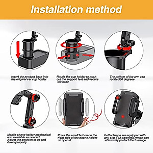 Yonput 1 PC Car Cup Holder with Cellphone Mount, Multifunctional Large Car Cup Holder Expander Adapter Long Arm with 360° Rotation Compatible with iPhone, Samsung and All Smartphones (Black)