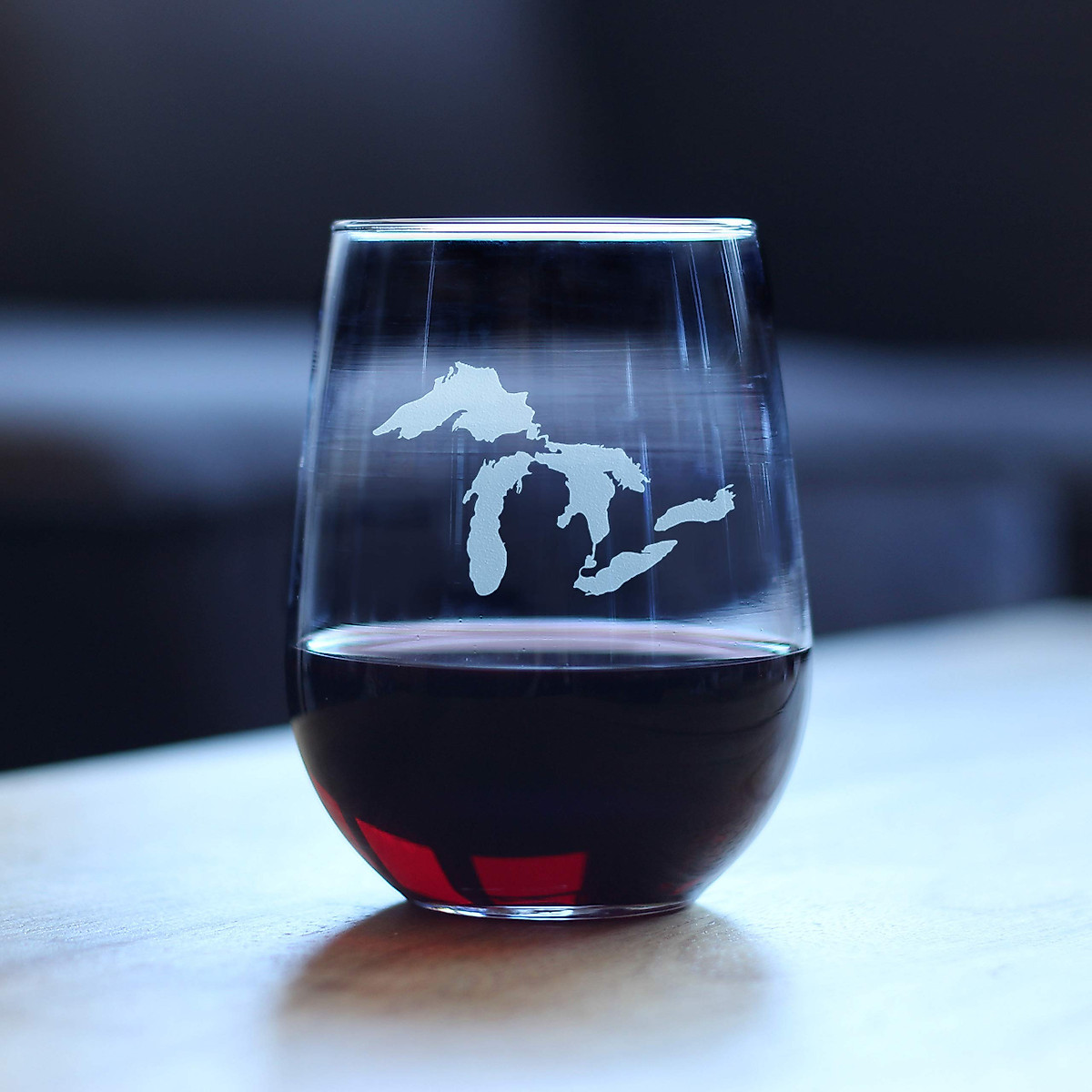 Great Lakes Map - Stemless Wine Glass - Unique Engraved Glassware Art Gifts for Midwestern Women & Men - Large 17 Ounce