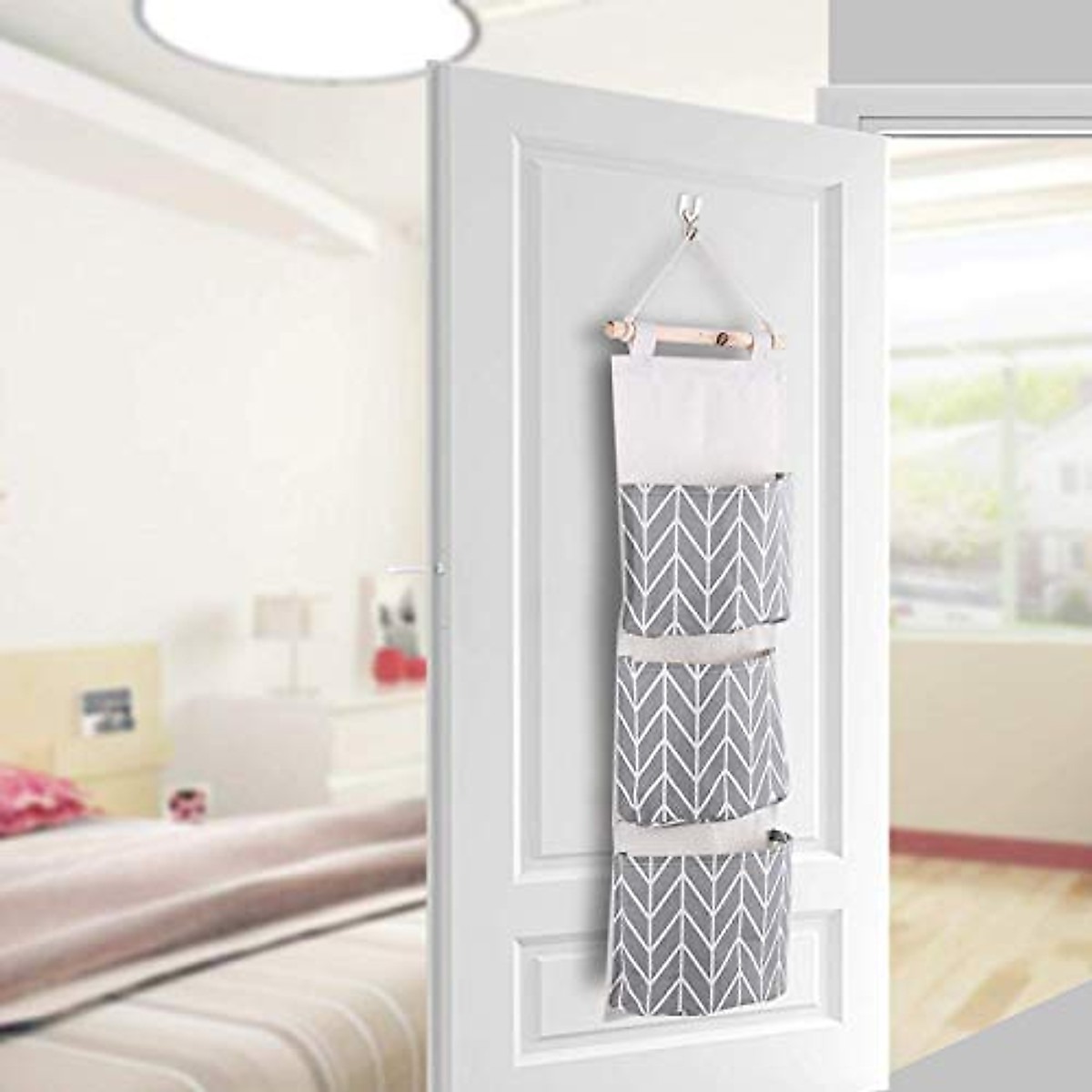 Oumefar 3 Pockets Hanging Pouch Cotton Linen Wall Hanging Storage Bags Door Pouch Bedroom Home Office Organizer 20x67cm(Gray)