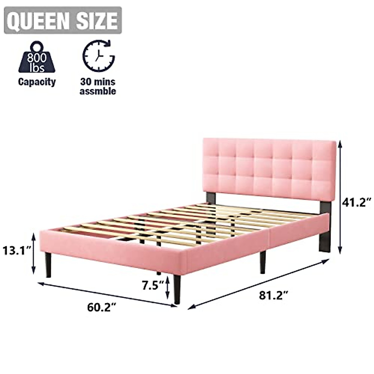 UNIZONE Queen Size Upholstered Bed Frame with Tufted Headboard, Velvet Platform Bed with Headboard, Wood Slats Support, Mattress Foundation, No Box Spring Needed, Easy Assembly, No Squeak, Pink