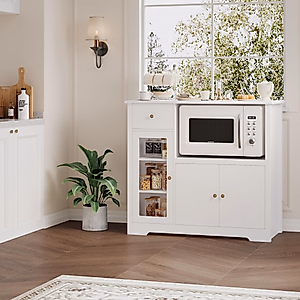 HORSTORS Microwave Cabinet with Charging Station, Kitchen Storage Cabinet with Microwave Stand, Adjustable Shelves, Modern Buffet Sideboard Cabinet, Wood Coffee Bar for Dining Room, Living Room, White