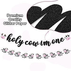 Holy Cow I'm One Banner for Cow Themed Birthday Party Glitter One Cow Banners Farm Animal Party Decorations Cow 1st Print Birthday Banners