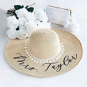 Personalized Beach Hat | Custom Tan Hat with White Poms | Women’s Floppy Hat | Mrs Honeymoon Foldable Sun Hat for Bride