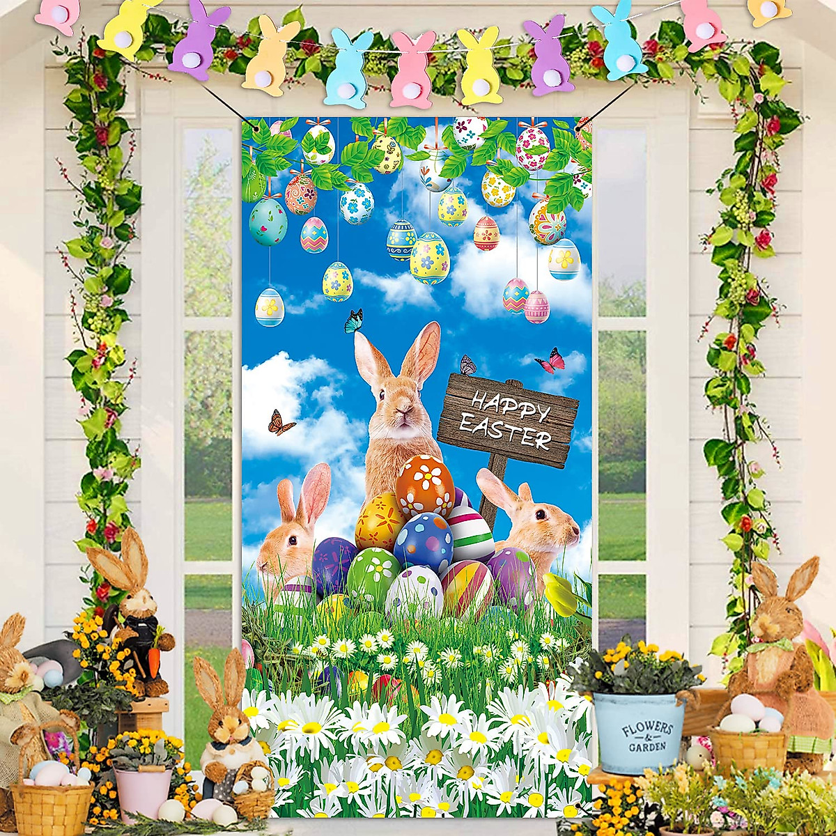 2023 Happy Easter Eggs Bunny Door Banner 3x6ft Spring Sky Grassland Flower Door Cover Banner Child Baby Shower Party Outdoor Yard Porch Sign Decoration