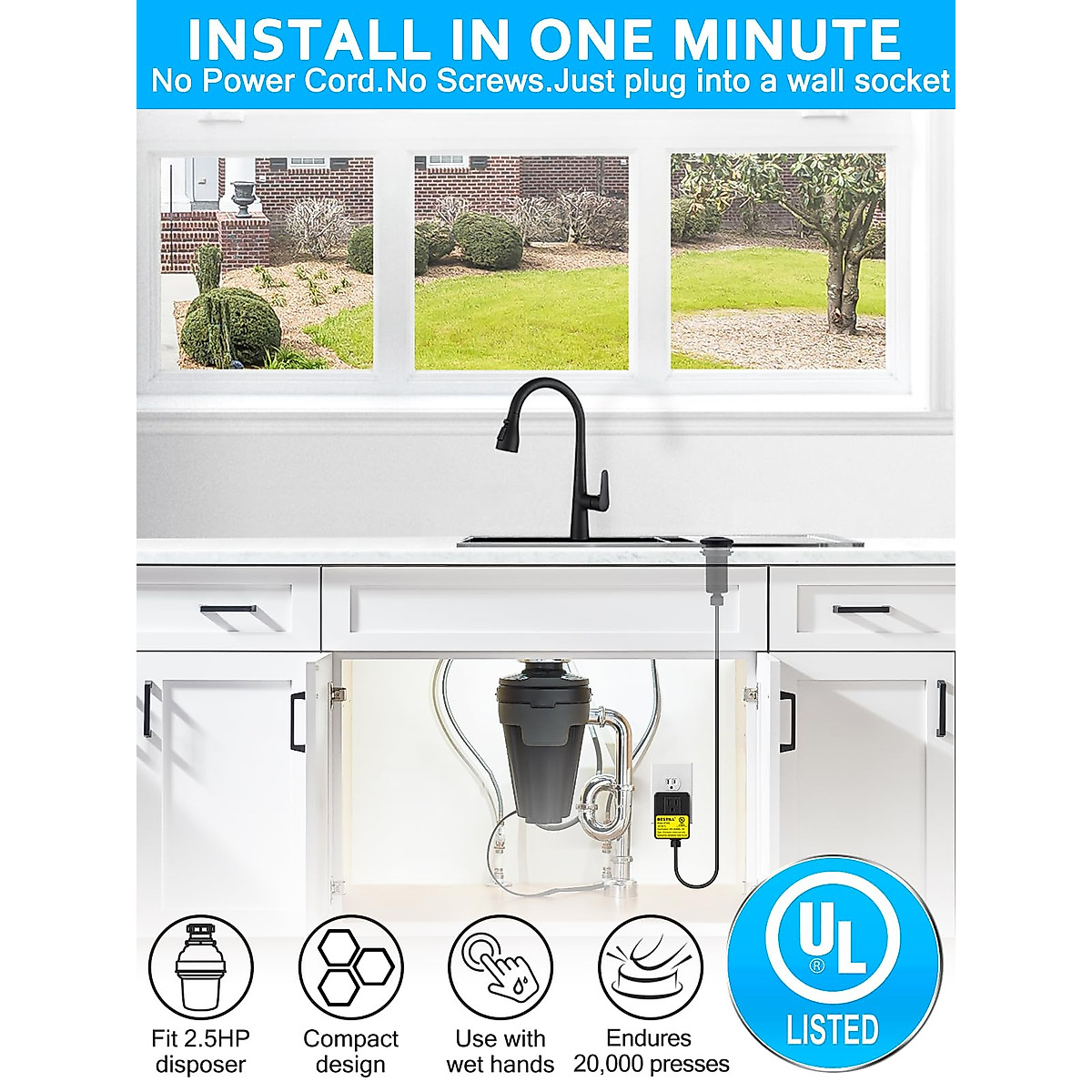 BESTILL Garbage Disposal Air Switch Kit - UL Listed, Cordless Sink Top Push Button for Food Waste Disposer, Brass Cover(Matte Black)