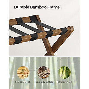 SONGMICS Luggage Rack, Folding Suitcase Stand with Storage Shelf, for Guest Room, Hotel, Bedroom, Heavy-Duty, Holds up to 131 lb, Walnut Brown URLR007D01