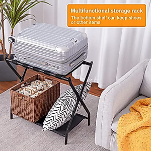 Heybly Luggage Rack,Pack of 2,Steel Folding Suitcase Stand with Storage Shelf for Guest Room Bedroom Hotel,Black,HLR003B2