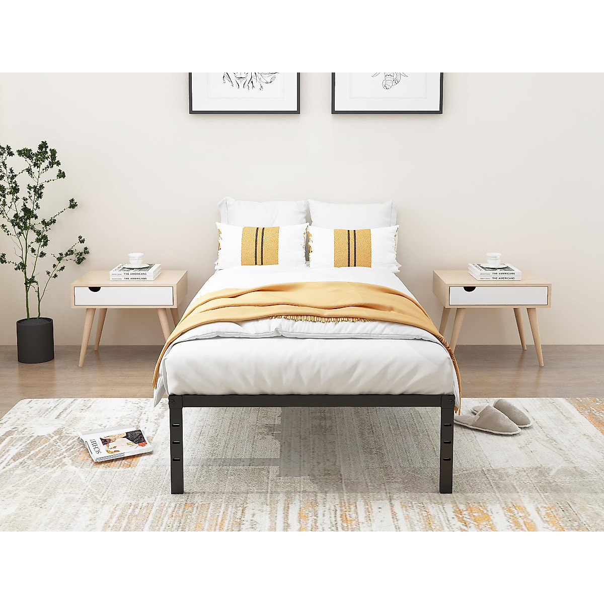 Caplisave Twin Bed Frames 18 Inch High Metal Platform, Max 2000lbs Heavy Duty Metal Slat Support Twin Size Bed Frame, Underbed Storage, Easy Assembly, No Box Spring Needed, Black