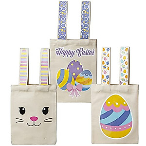 JOYIN Easter Reusable Canvas Gift Bags with Handles, 10”x 8” Large Bunny Easter Gift Treat Candy Bags Bulk Easter Basket for Kids Easter Party Favors and Easter Egg Hunt
