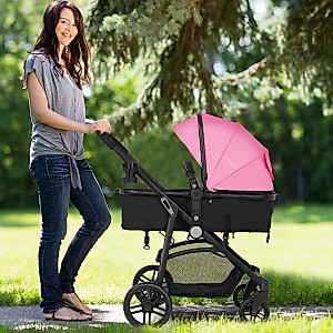 HONEY JOY Baby Stroller, High Landscape Convertible Infant Bassinet Stroller, Adjustable Canopy & Backrest, Storage Basket, Cup Holder, Foldable Newborn Carriage Pram Stroller (Pink)