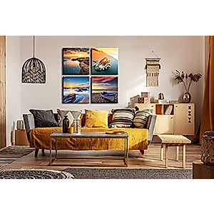 Pyradecor Sunset Sea Beach Modern Seascape Pictures Paintings on Canvas Wall Art 4 Panels Stretched Canvas Prints Artwork for Living Room Bedroom Home Office Decorations