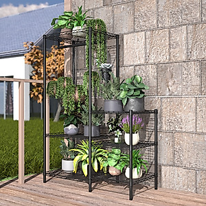 Xiofio 6-Tier Plant Stand for Indoor Outdoor, Large Reinforced Plant Shelf for Multiple Plants for Hanging ,Adjustable,Suitable for Bedroom Living Room Balcony Garden,Black
