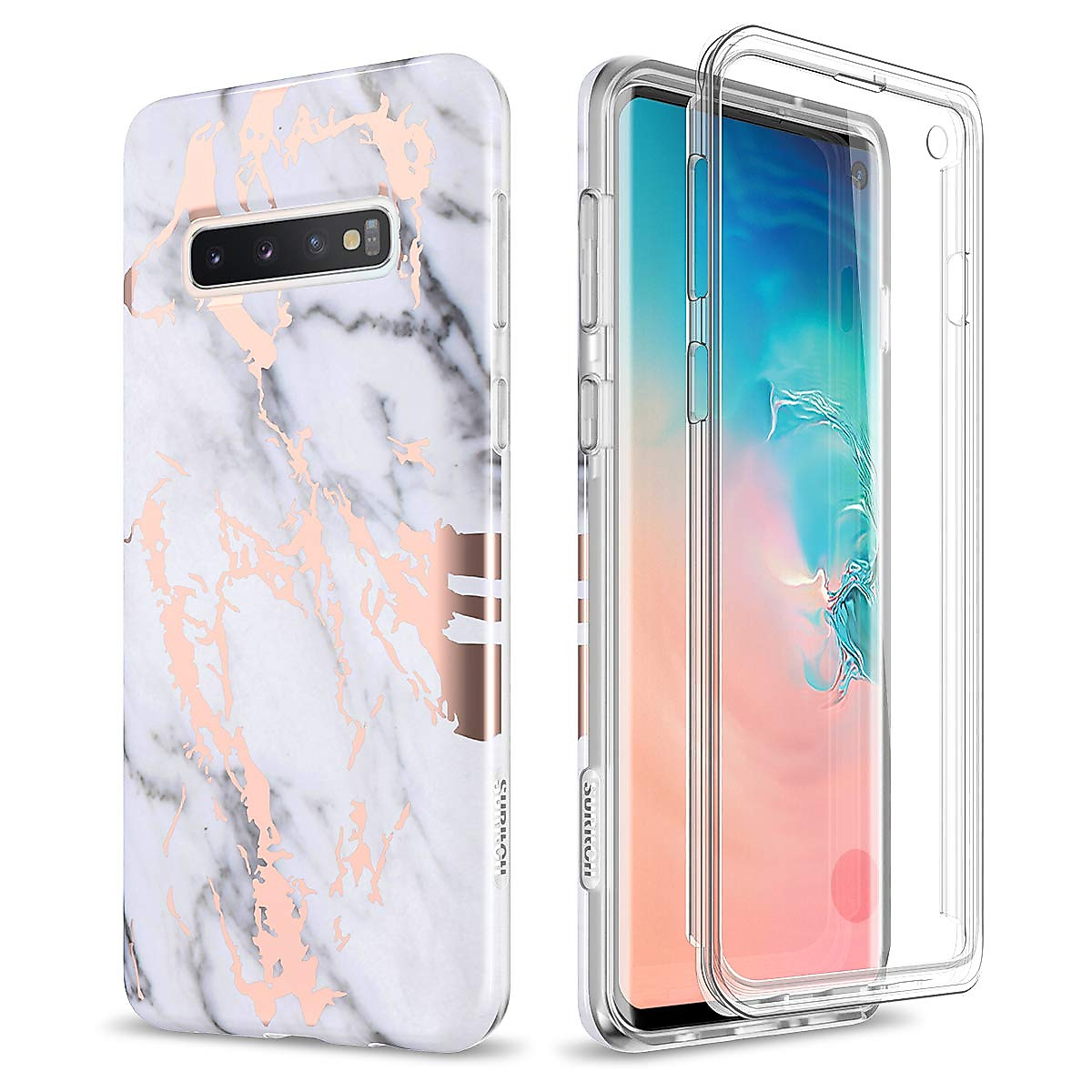 SURITCH Case for Galaxy S10,[Built-in Screen Protector] Cute Geometric Marble Full-Body Shockproof Rugged Cover for Samsung Galaxy S10 6.1 Inch [Compatible with Fingerprint Sensor] (Gold Marble)