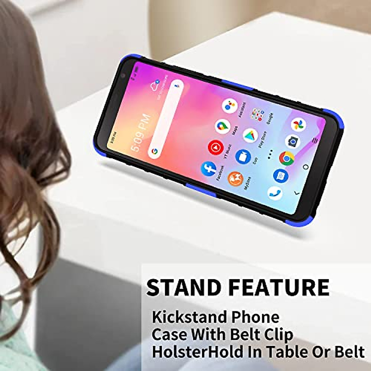 for Alcatel TCL A3/TCL A30 Case, with Tempered Glass Screen Protector Heavy Duty Protection Technology Built-in Kickstand Rugged Shockproof Protective Phone Case for Alcatel TCL A3 A509DL, (Blue)