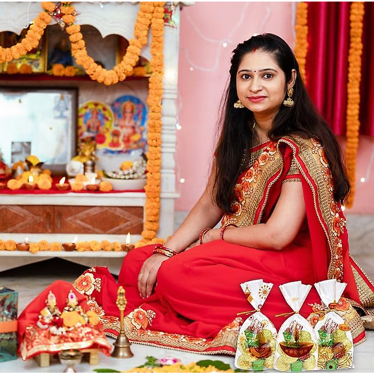 120 Pieces Diwali Cellophane Bags with Twist Ties, Deepavali Candle Cello Treat Bags Indian Holiday Candle Bag Festival of Lights Treat Bags for Cookie Candy Goodies Wrapping Supplies