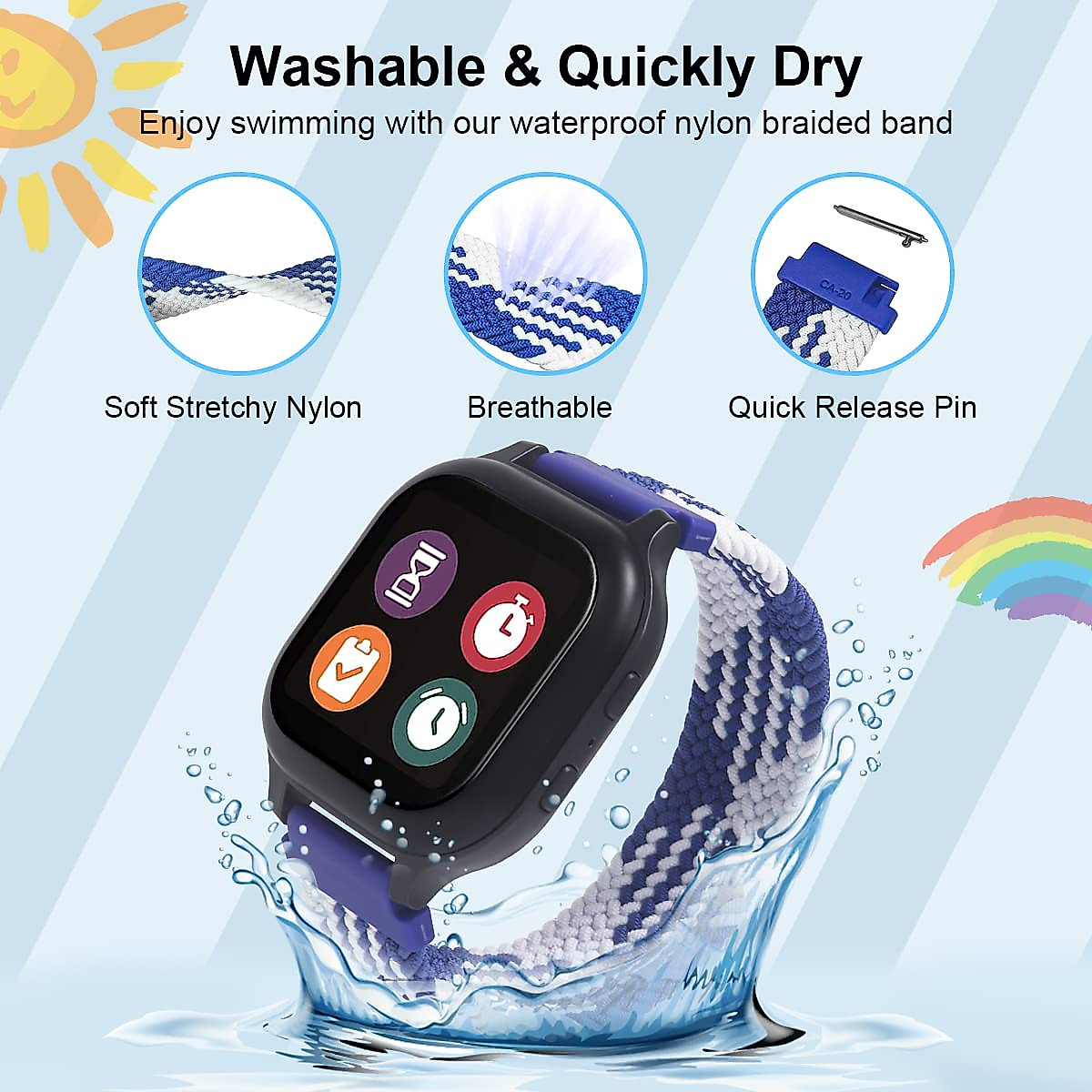 2 Packs Nylon Braided Band Replacement for Gizmo Watch 3/2/1 SyncUP Watch, 20mm Kids Solo Loop Stretchy Strap for Boys and Girls, Elastic Sport Wirstband, Breathable & Washable (Colorful Blue & Colorful Black)